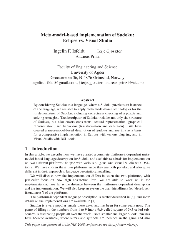 (PDF) Meta-model-based implementation of Sudoku: Eclipse vs. Visual ...