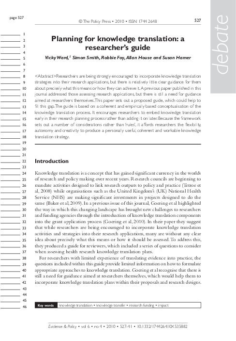 (PDF) Planning for knowledge translation: a researchers guide