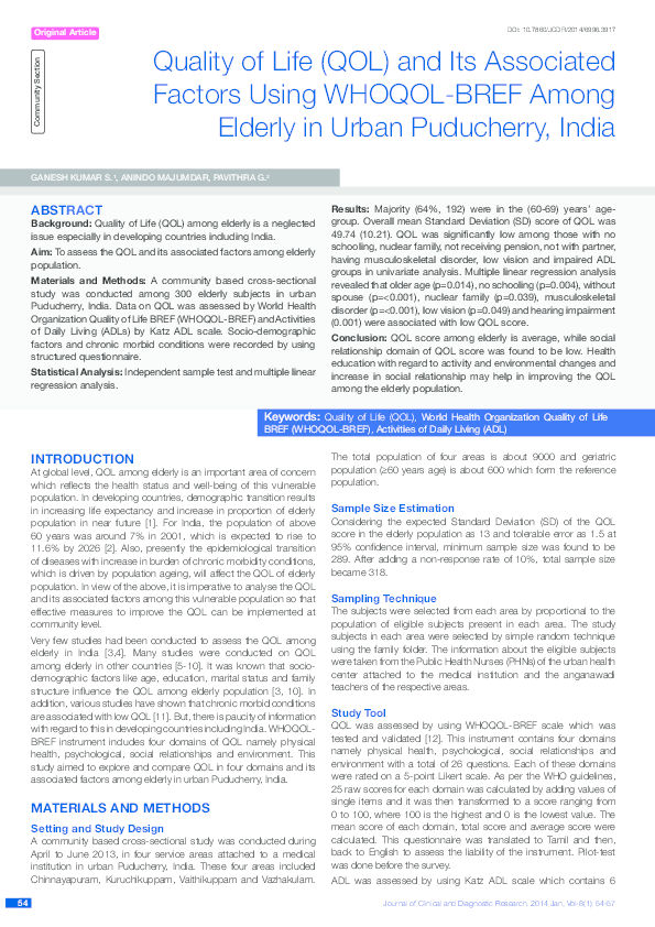 (PDF) Quality of Life and Its Associated Factors Using WHOQOL- BREF ...