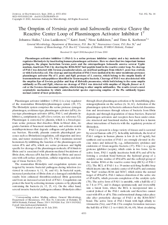 (PDF) The Omptins of Yersinia pestis and Salmonella enterica Cleave the ...