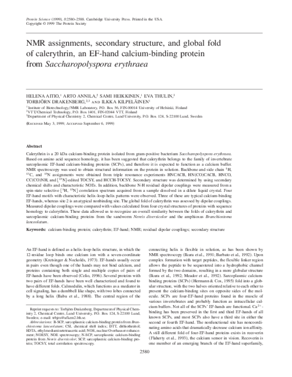 (PDF) NMR assignments, secondary structure, and global fold of calerythrin, an EF-hand calcium ...