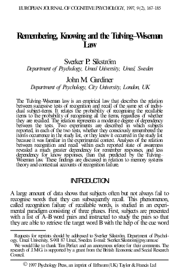 (PDF) Remembering, Knowing and the Tulving-Wiseman Law