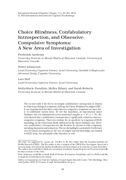 (PDF) Choice Blindness, Confabulatory Introspection, and Obsessive ...