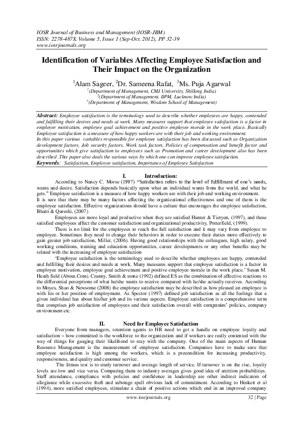 (PDF) Employee satisfaction ; An introduction / An overview