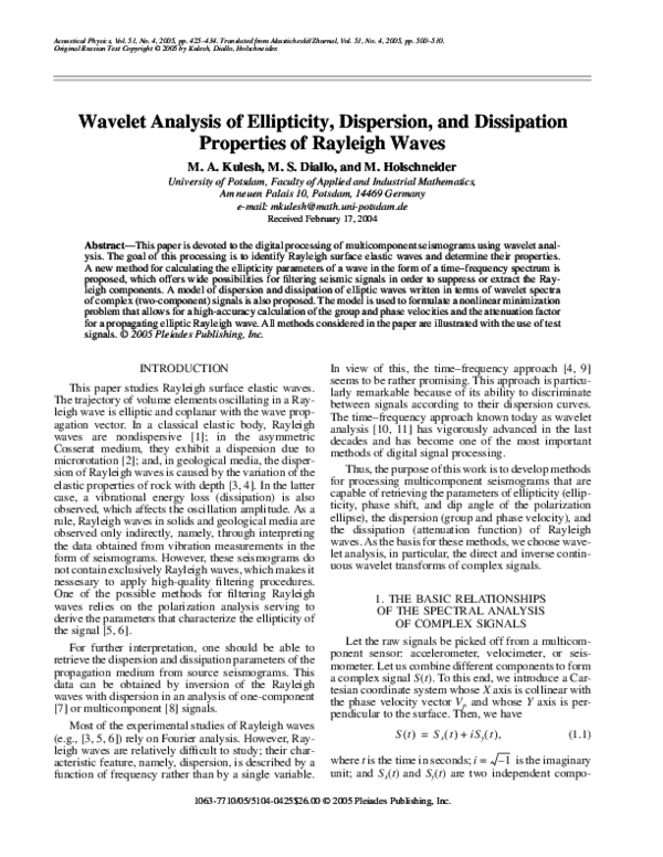 (PDF) Wavelet Analysis of Ellipticity, Dispersion, and Dissipation Properties of Rayleigh Waves
