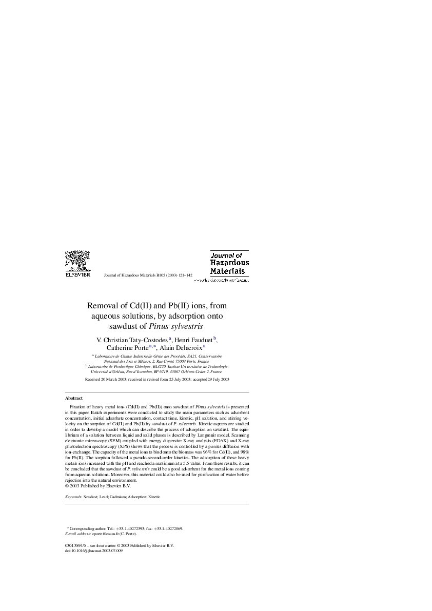 (PDF) 8 Removal of Cd(II) and Pb(II) ions, from aqueous solutions, by adsorption onto sawdust of ...