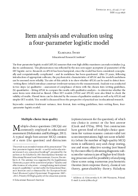 (PDF) Item analysis and evaluation using a four-parameter logistic model