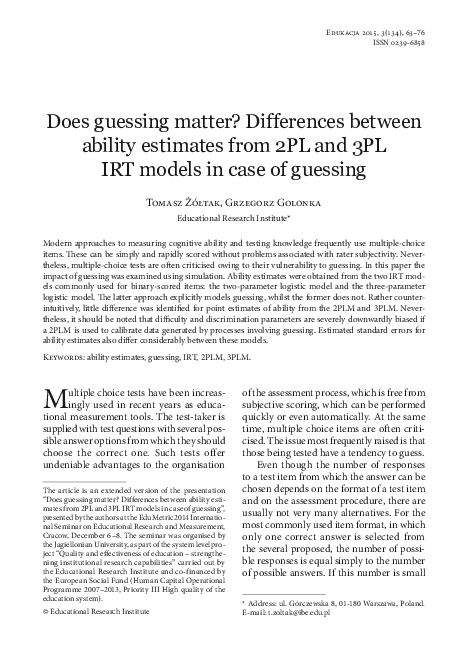 (PDF) Does guessing matter? Differences between ability estimates from ...