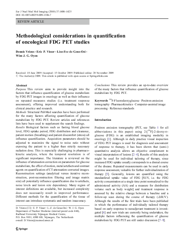 (PDF) Methodological considerations in quantification of oncological FDG PET studies