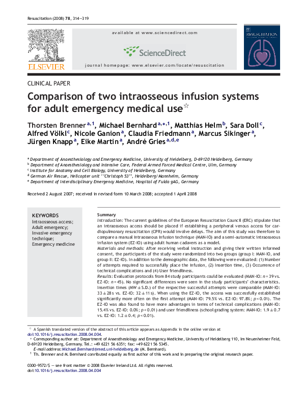 (PDF) Comparison of two intraosseous infusion systems for adult ...