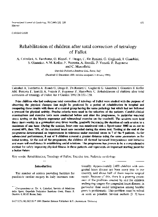 (PDF) Rehabilitation of children after total correction of tetralogy of Fallot