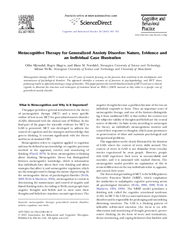 (PDF) Metacognitive Therapy for Generalized Anxiety Disorder: Nature, Evidence and an Individual ...