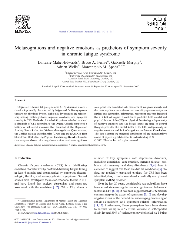 (PDF) Metacognitions and negative emotions as predictors of symptom severity in chronic fatigue ...