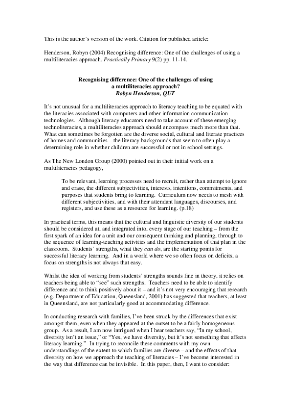 (PDF) Recognising difference: One of the challenges of using a multiliteracies approach