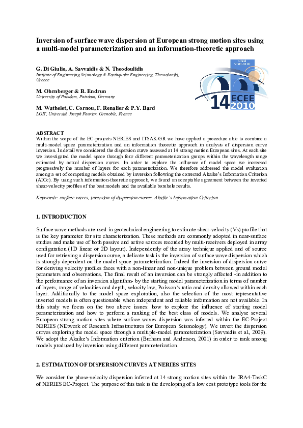 Pdf Inversion Of Surface Wave Dispersion At European Strong Motion Sites Using A Multi Model