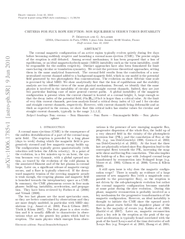 (PDF) CRITERIA FOR FLUX ROPE ERUPTION: NON-EQUILIBRIUM VERSUS TORUS ...