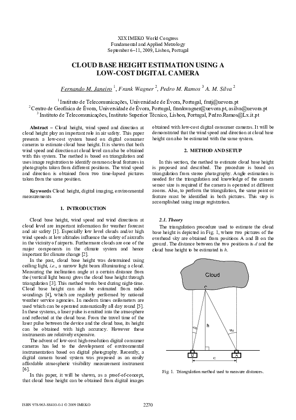 (PDF) CLOUD BASE HEIGHT ESTIMATION USING A LOW-COST DIGITAL CAMERA