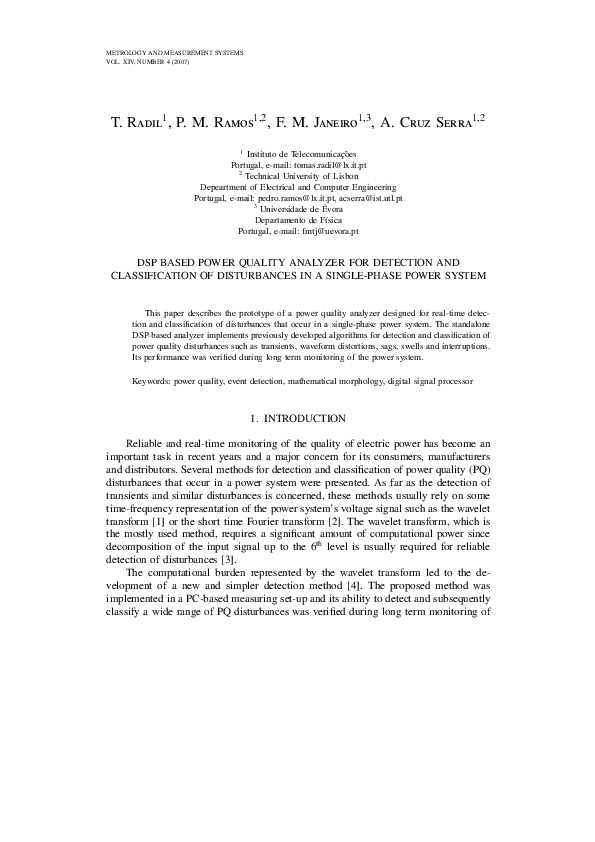Pdf Dsp Based Power Quality Analyzer For Detection And Classification Of Disturbances In A
