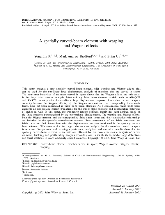 (PDF) A spatially curved-beam element with warping and Wagner effects