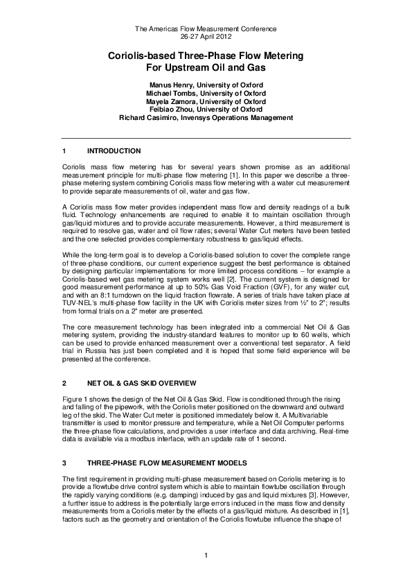 Pdf Coriolis Based Three Phase Flow Metering For Upstream Oil And Gas