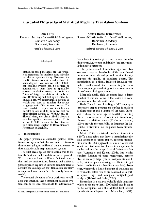 (PDF) Cascaded Phrase-Based Statistical Machine Translation Systems