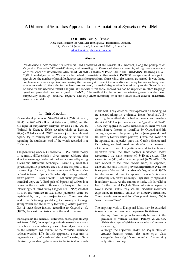 Pdf A Differential Semantics Approach To The Annotation Of The Synsets In Wordnet