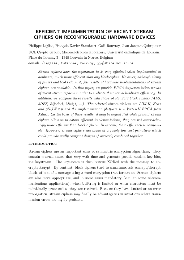 Pdf Efficient Implementation Of Recent Stream Ciphers On Reconfigurable Hardware Devices 0348