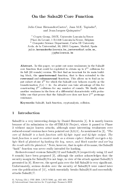 (PDF) On the Salsa20 hash function