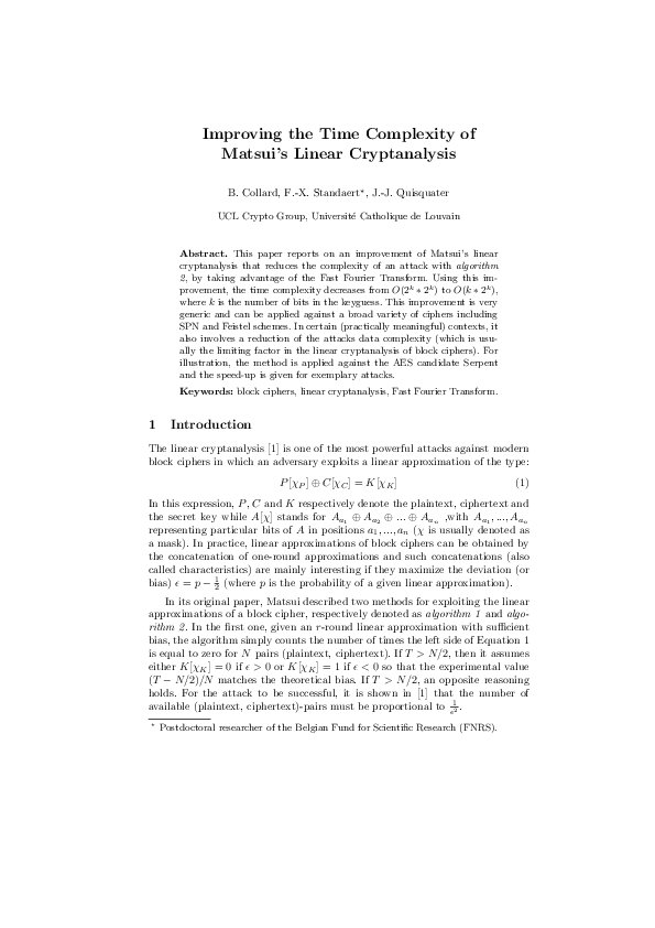 (PDF) Improving the Time Complexity of Matsui’s Linear Cryptanalysis