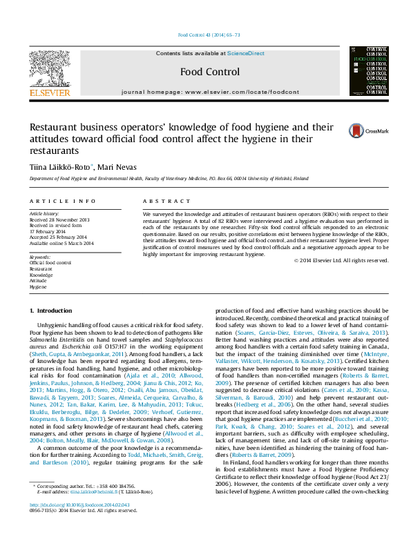 (PDF) Restaurant business operators' knowledge of food hygiene and ...