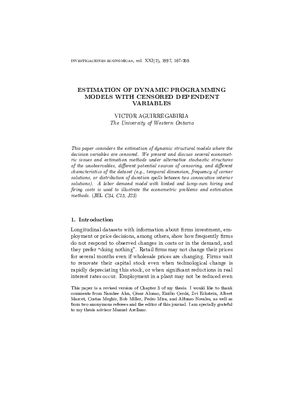 Pdf Estimation Of Dynamic Programming Models With Censored Dependent Variables