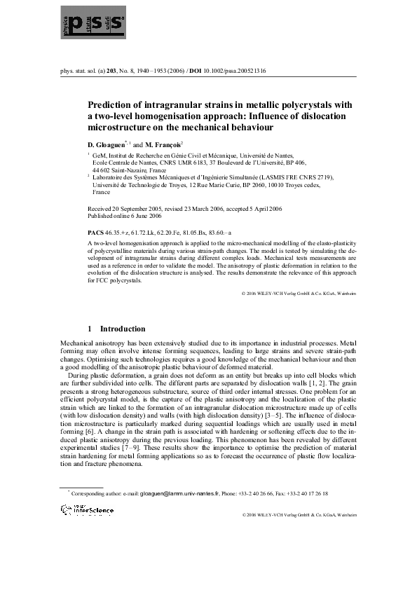 (PDF) Prediction of intragranular strains in metallic polycrystals with a two-level ...