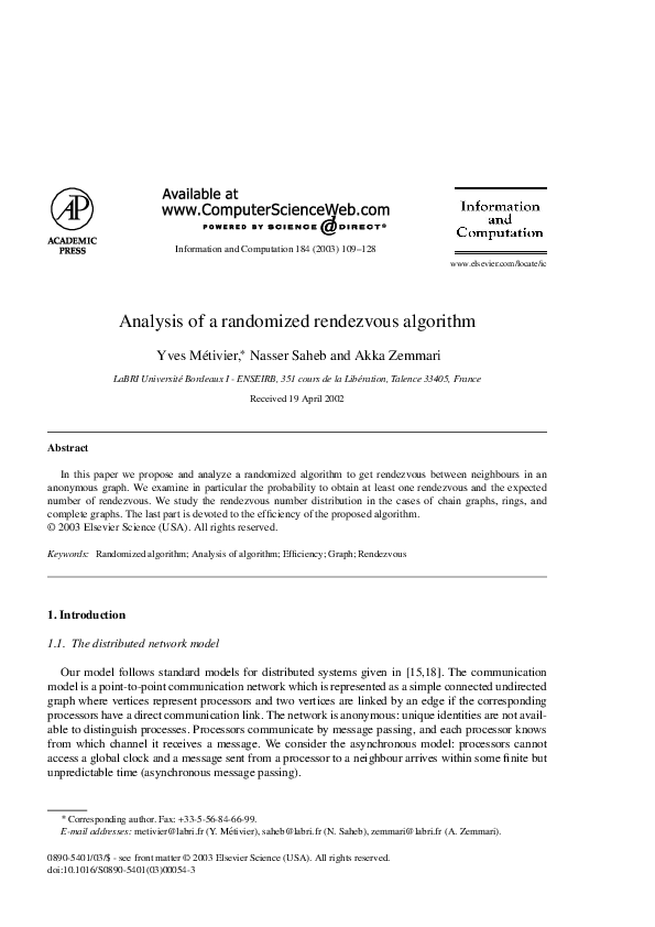 (PDF) Analysis of a randomized rendezvous algorithm