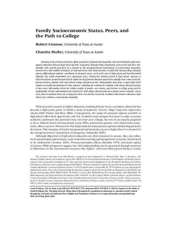 (PDF) Family Socioeconomic Status, Peers, and the Path to College