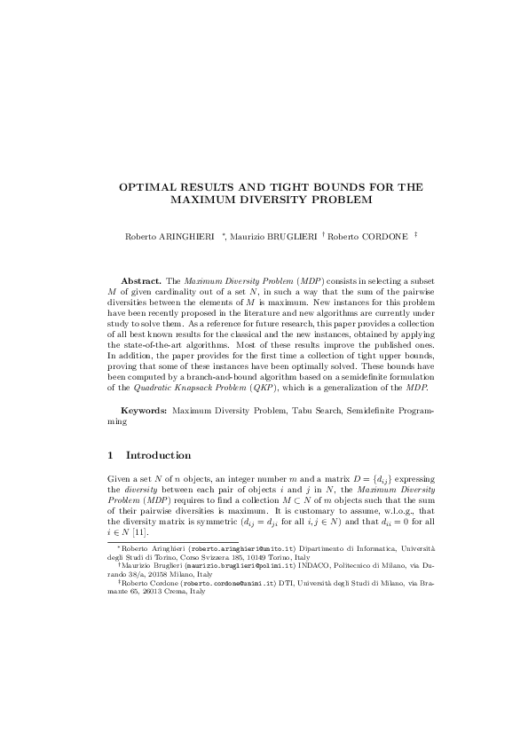 (PDF) Optimal results and tight bounds for the maximum diversity problem