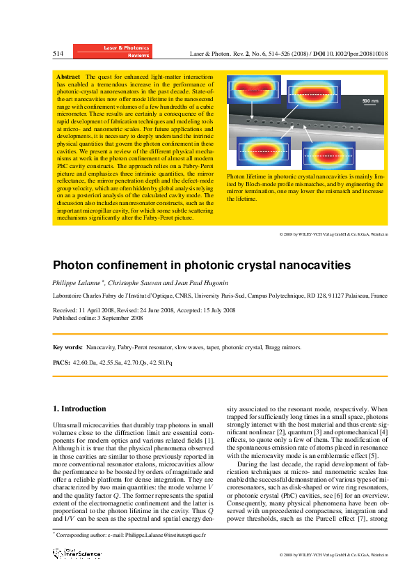 (PDF) Photon confinement in photonic crystal nanocavities
