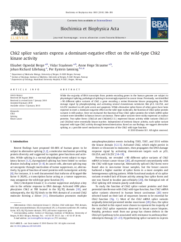 (PDF) Chk2 splice variants express a dominant-negative effect on the wild-type Chk2 kinase ...