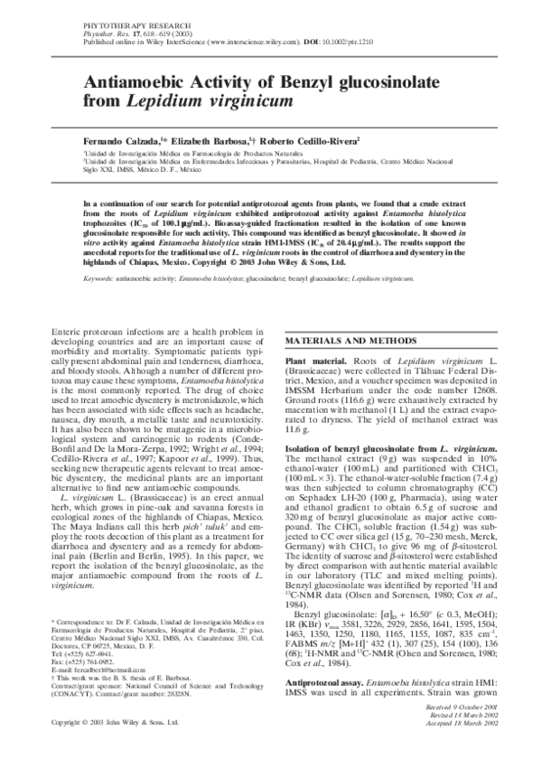 (PDF) Antiamoebic activity of benzyl glucosinolate fromLepidium virginicum
