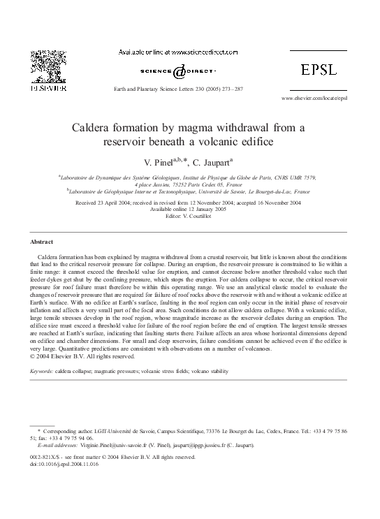 (PDF) Caldera formation by magma withdrawal from a reservoir beneath a ...