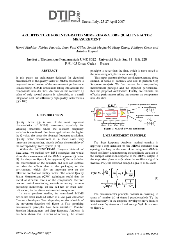 (PDF) Architecture for Integrated Mems Resonators Quality Factor Measurement | Souhil Megherbi ...