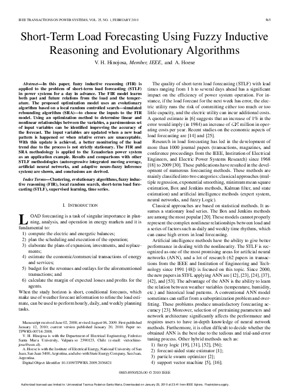 (PDF) Short-Term Load Forecasting Using Fuzzy Inductive Reasoning and Evolutionary Algorithms