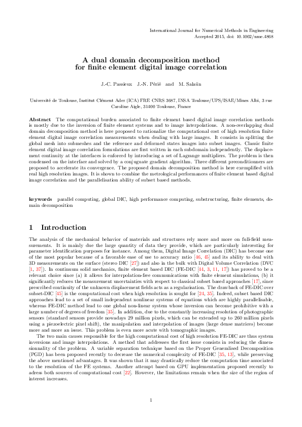 Pdf A Dual Domain Decomposition Method For Finite Element Digital Image Correlation Jean
