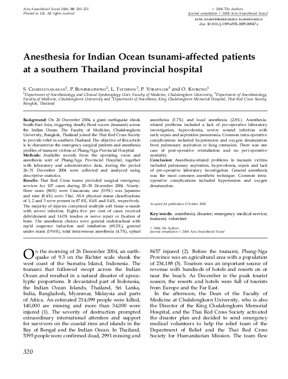 (PDF) Anesthesia for Indian Ocean tsunami-affected patients at a ...