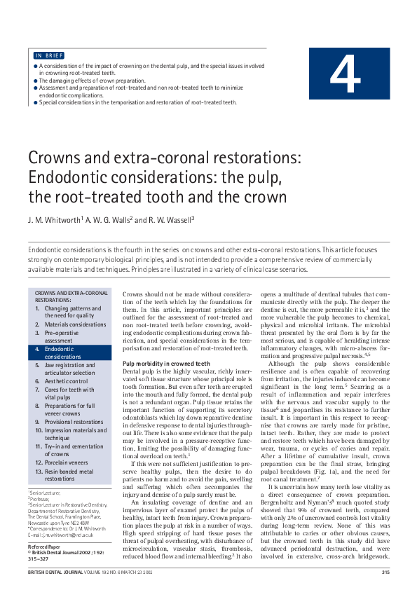 (PDF) Crowns and extra-coronal restorations: Endodontic considerations ...