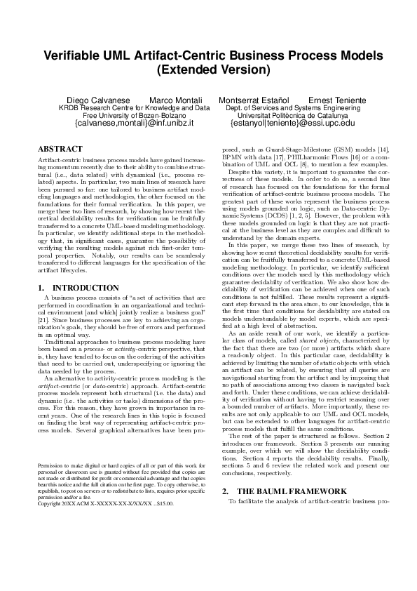 (PDF) Verifiable UML Artifact-Centric Business Process Models