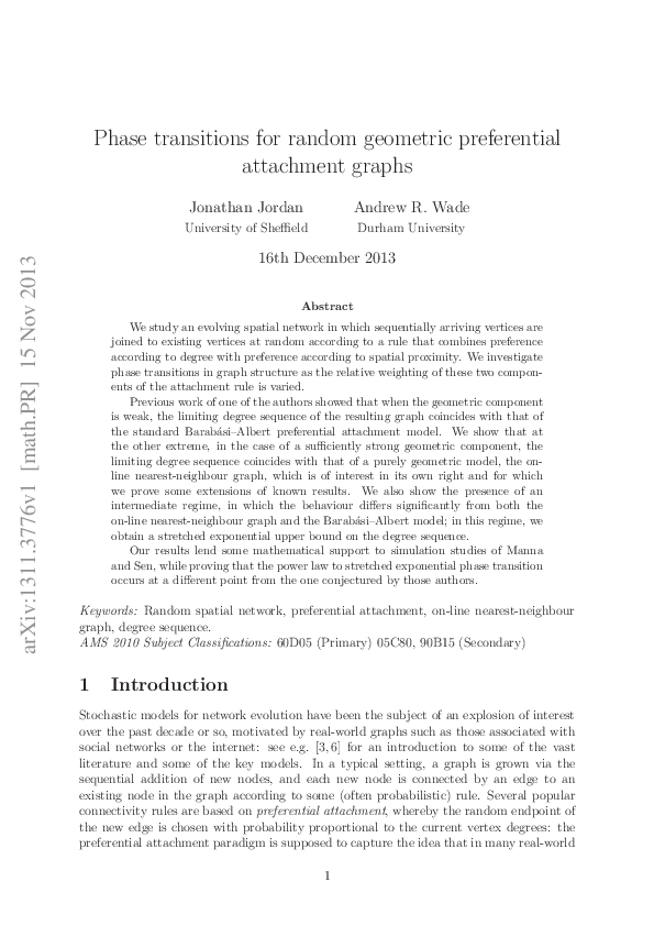 (PDF) Phase transitions for random geometric preferential attachment graphs
