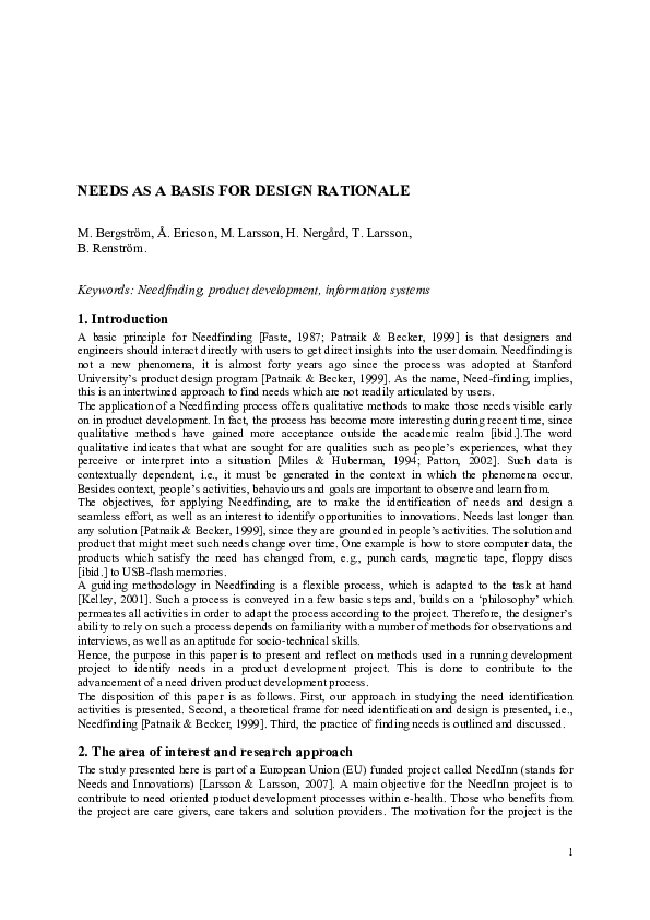 (PDF) Needs as a basis for design rationale