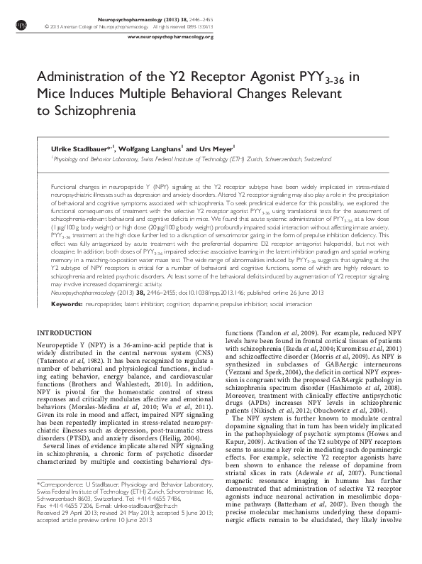 (PDF) Administration of the Y2 receptor agonist PYY 3-36 in mice ...