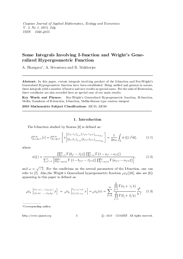Pdf Some Integrals Involving I Function And Wrights Generalized Hypergeometric Function