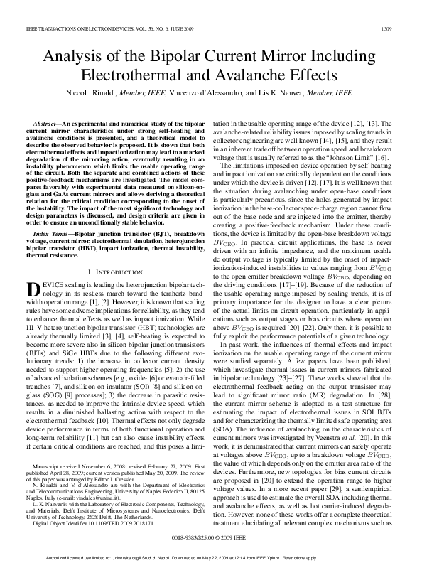 (PDF) Analysis of the Bipolar Current Mirror Including Electrothermal ...
